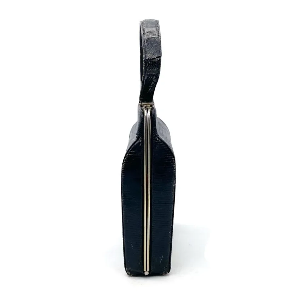 Vintage | Bags | Vintage Black Lizard Embossed Leather Top Handle Frame ...